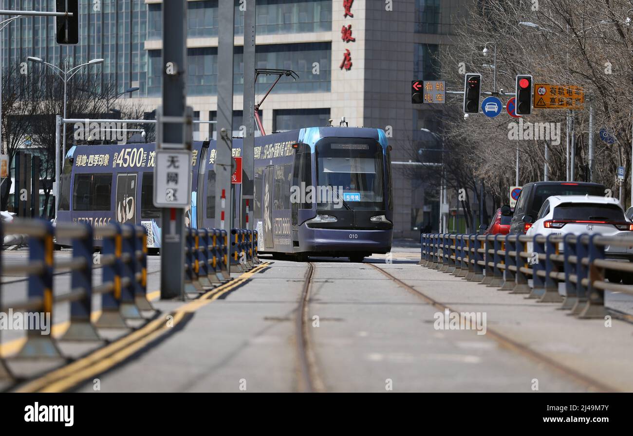Shenyang, China's Liaoning Province. 13th Apr, 2022. A tram leaves a ...