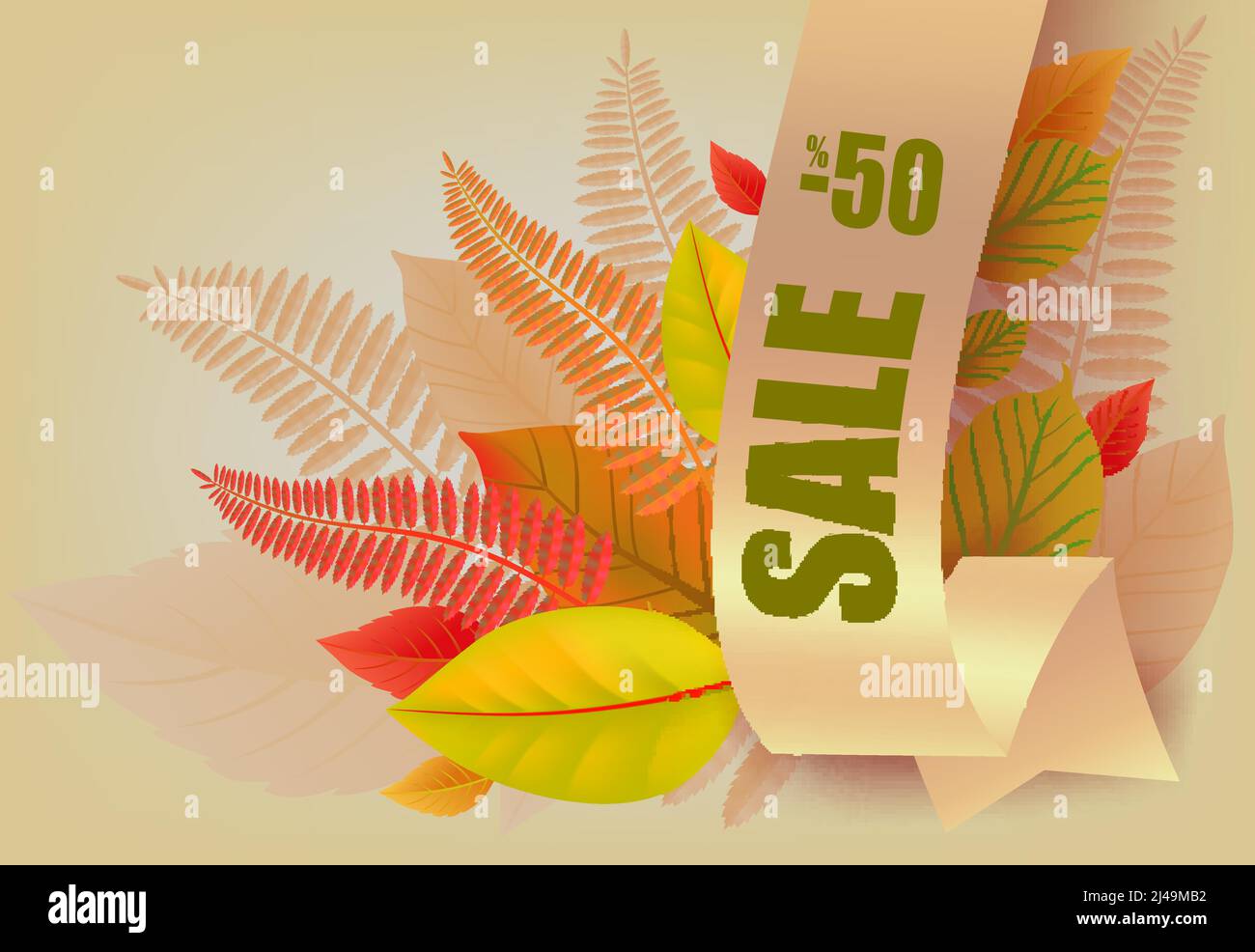 Sale, minus fifty percent lettering, yellow and orange leaves. Seasonal ...