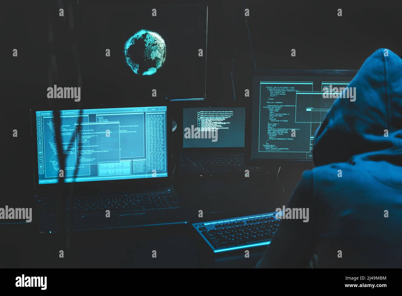 Cyber Criminal Hacking System At Monitors Hacker Attack Web Servers In Dark Room At Computer
