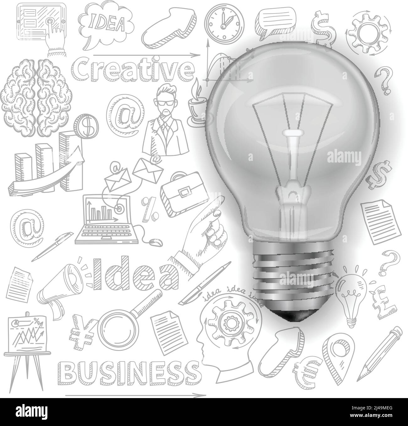 Creative poster with lightbulb and business symbols on background ...