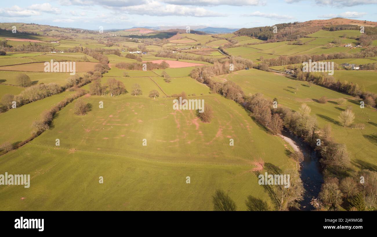 Aerial view of River Usk, Penpont Estate, Powys, Wales, UK Stock Photo ...