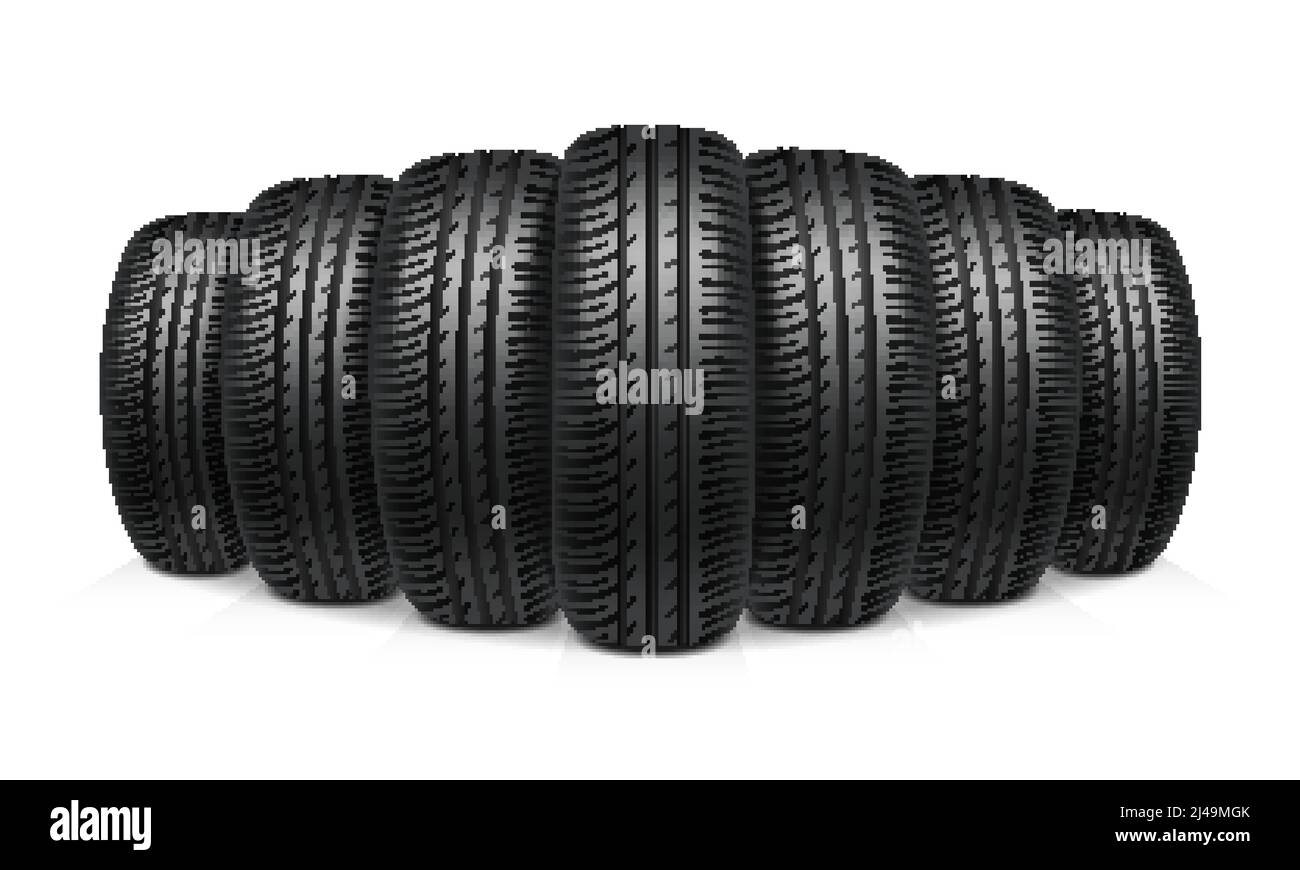 Car tires with similar tread assembled in row realistic design concept ...