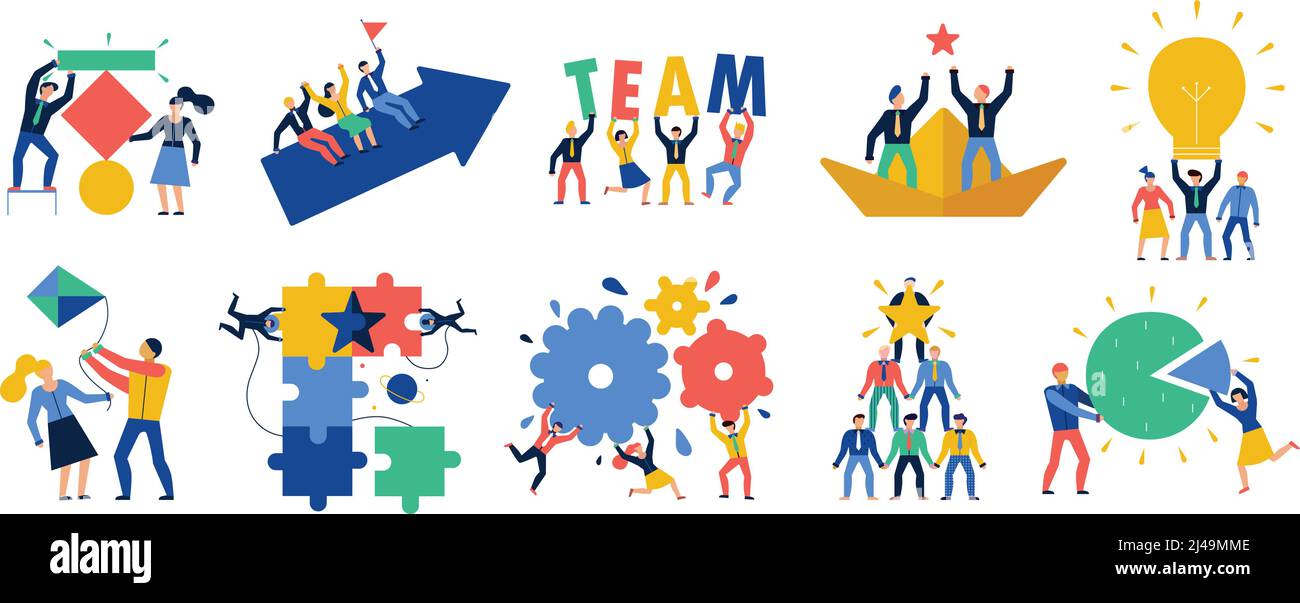 Teamwork icons set with ideas and brainstorming symbols flat isolated ...