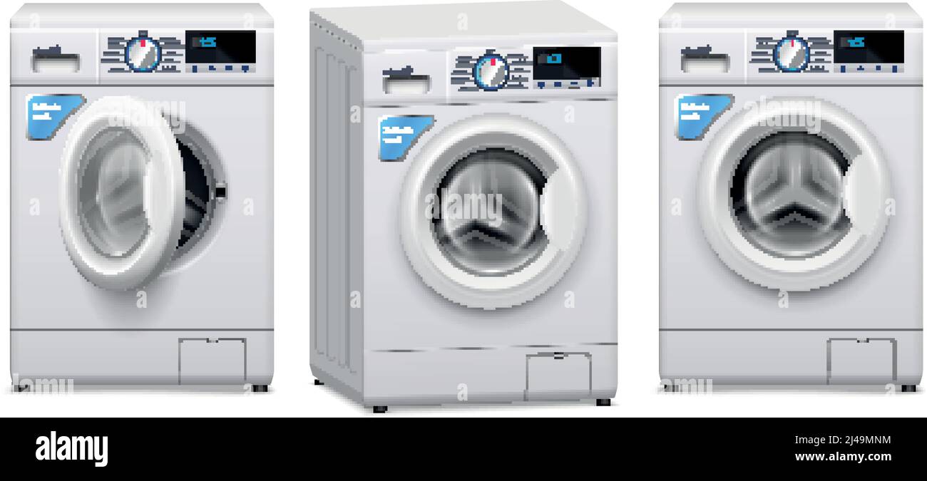 Realistic set of three washing machines with open and closed front door ...