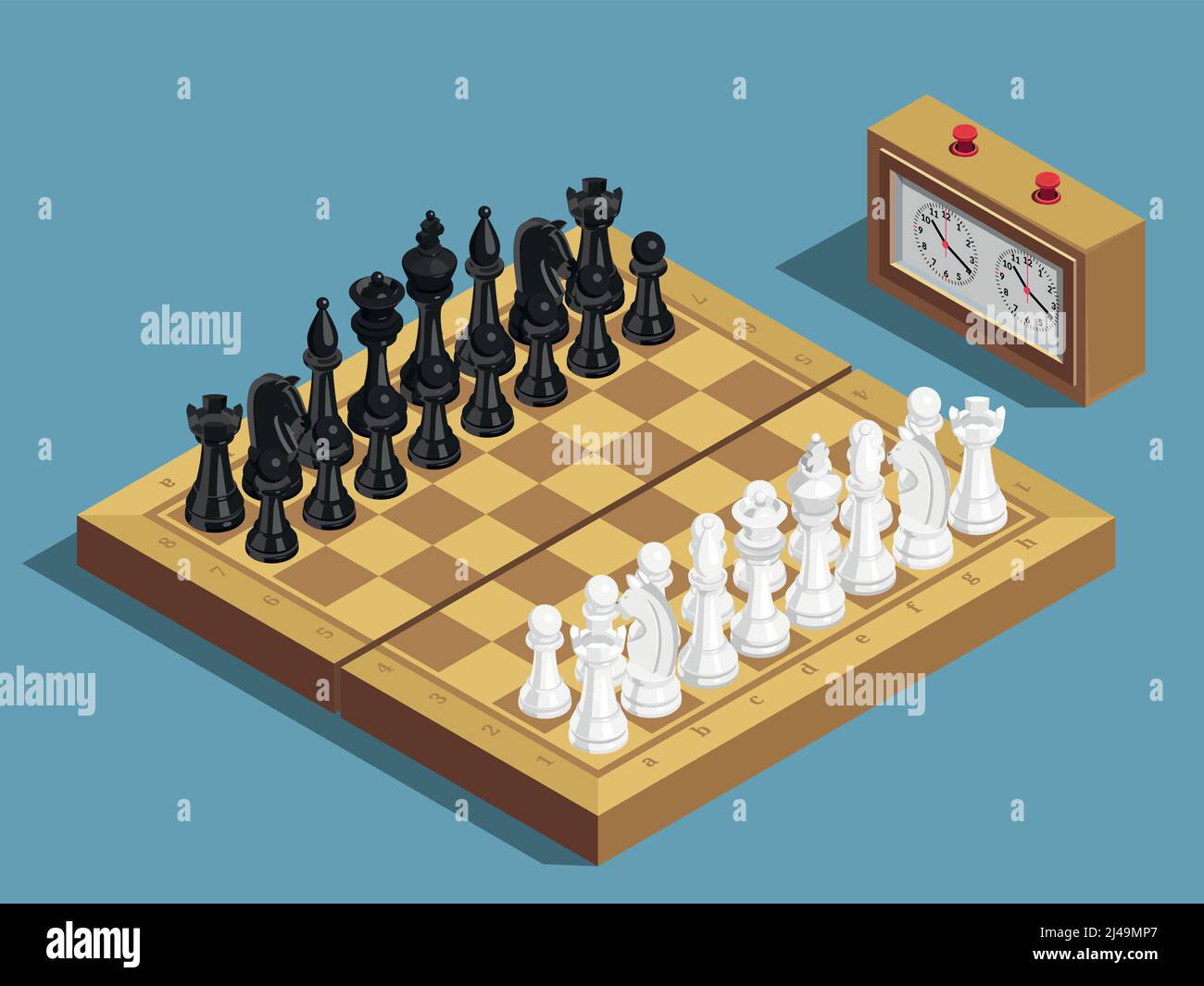 Chess game beginning isometric composition with clock 16 each white and ...