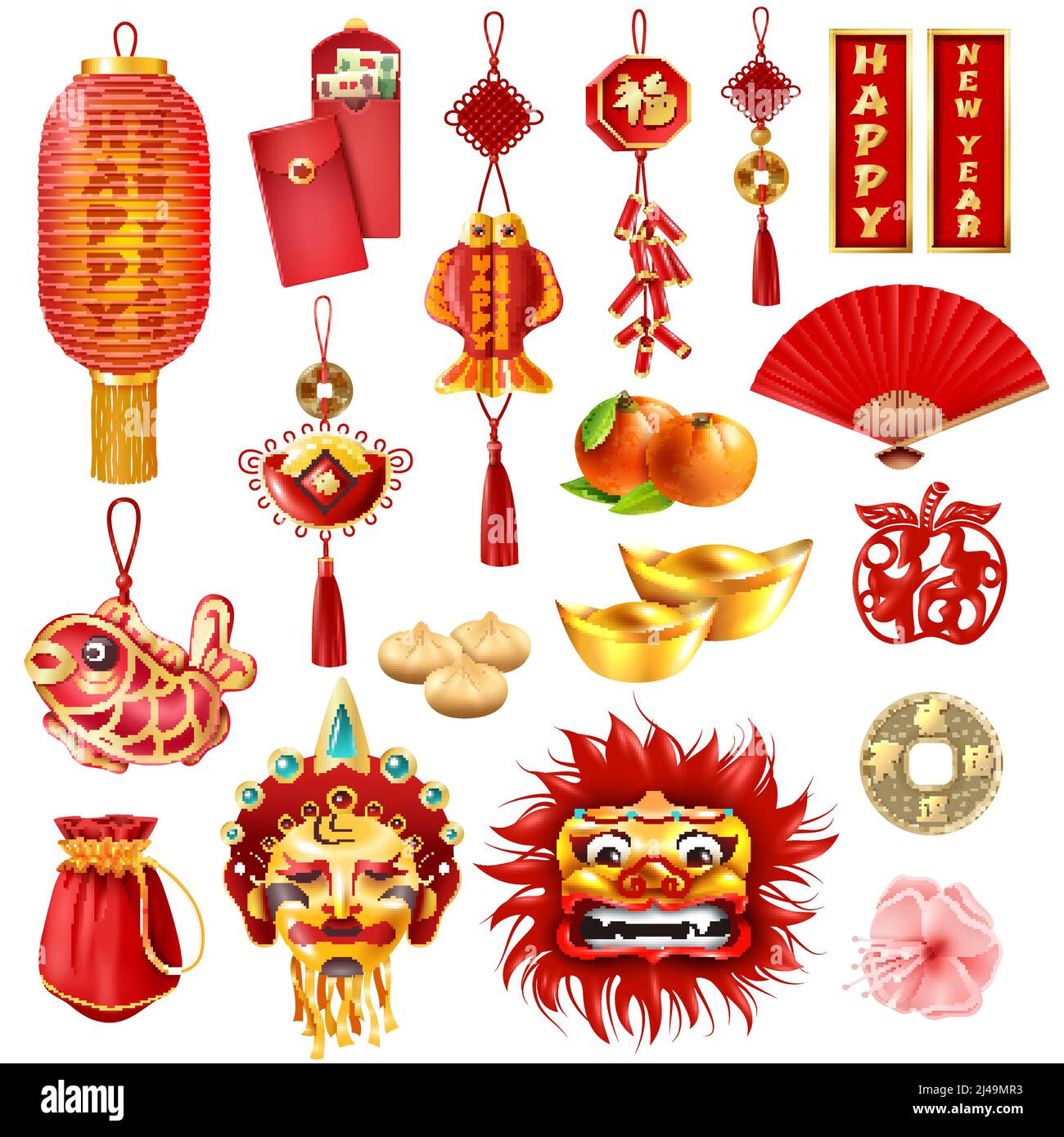 Chinese new year set of dragon mask oranges red envelopes bag of coins ...