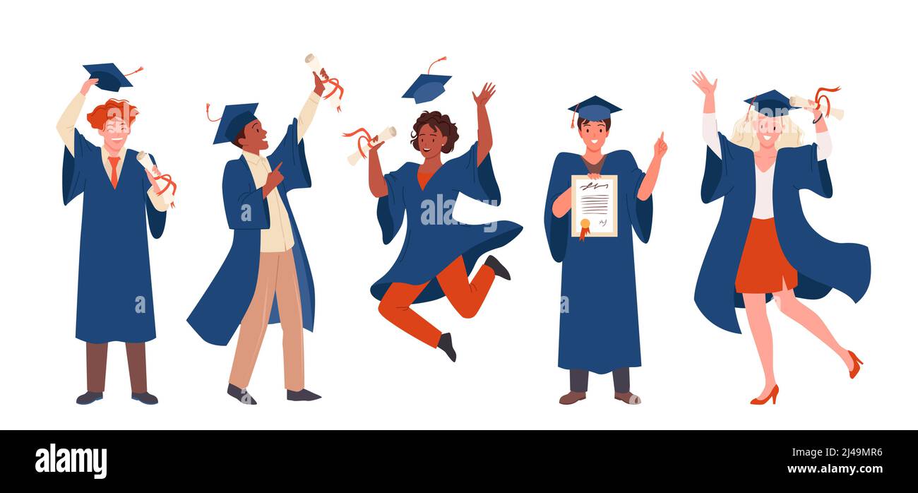 Happy graduates celebrate together on graduation ceremony in academy ...