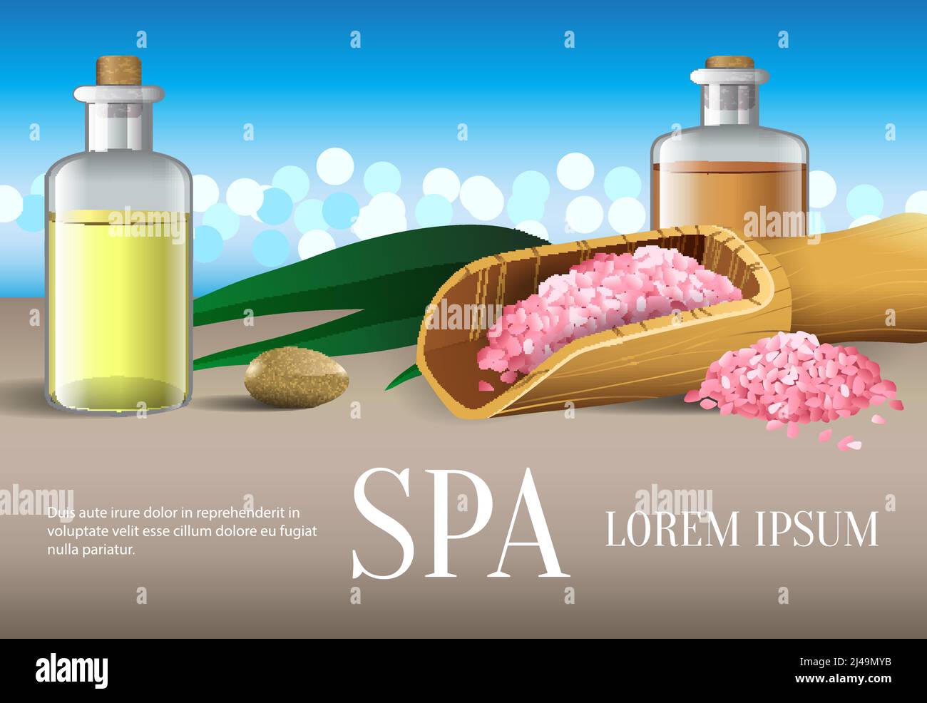 Spa lettering, two bottles with oil, salt and stone. Spa salon ...