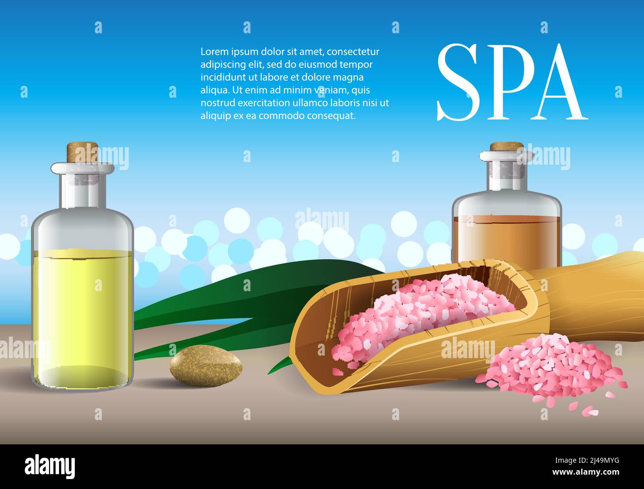 Spa lettering, bottle with oil and pink salt. Spa salon advertising ...