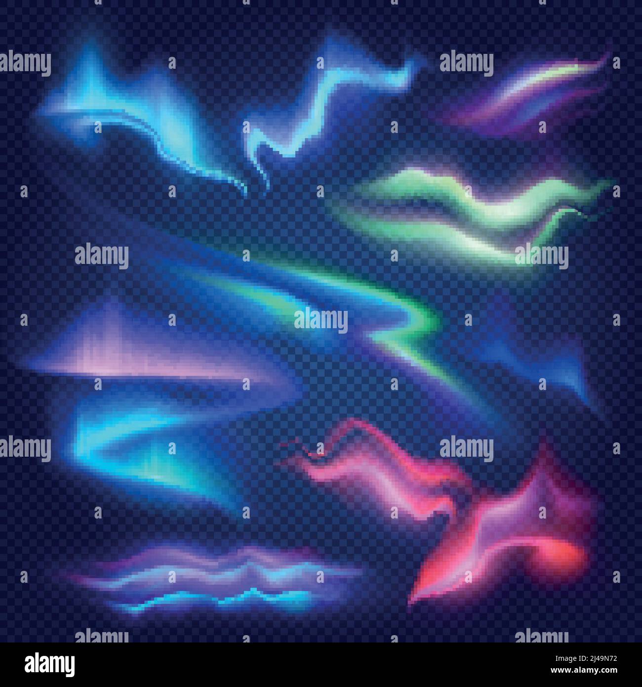 Bright colorful aurora borealis abstract set on dark transparent ...