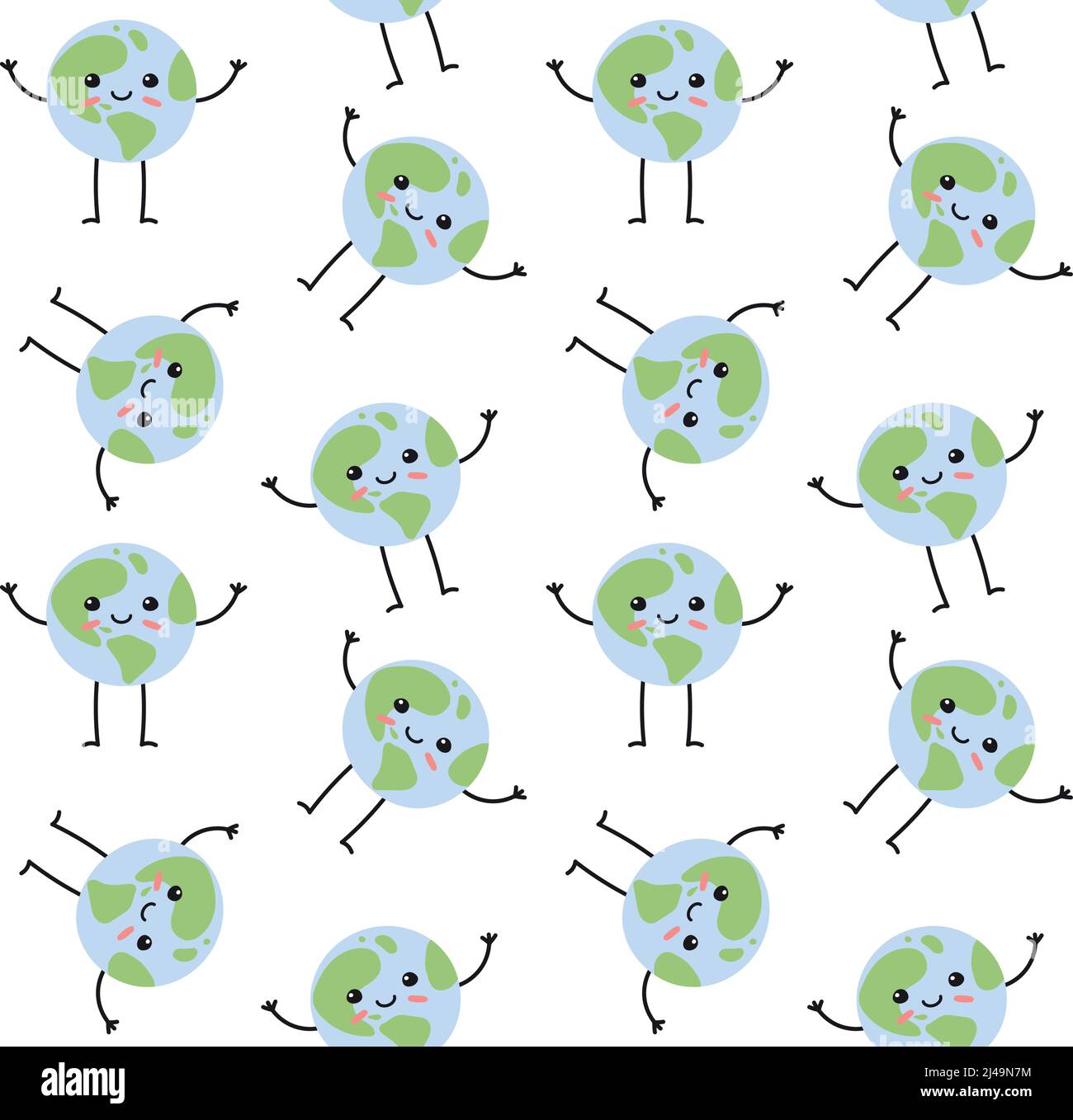 Vector seamless pattern of hand drawn flat planet Earth with face ...