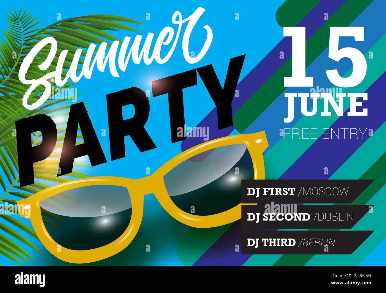 Summer party, June fifteen lettering with sunglasses. Summer invitation ...