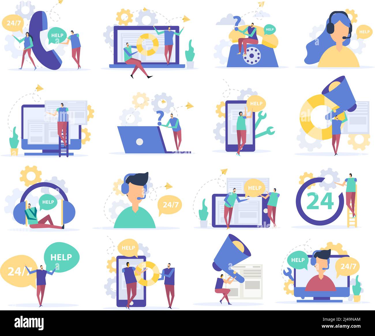 Customer support set of flat icons with operators of call center and ...