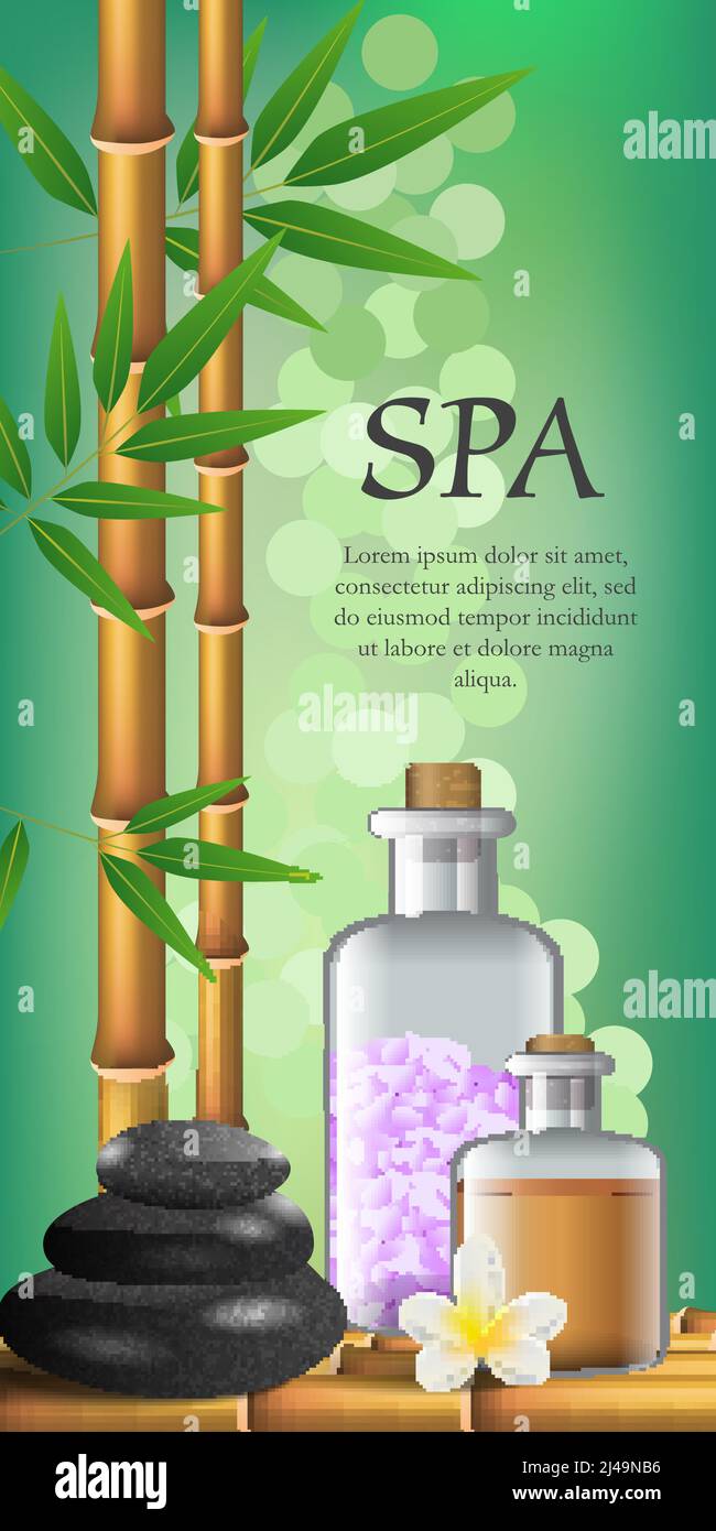 Spa lettering, flower, bamboo and bottles with oil and salt. Spa salon ...