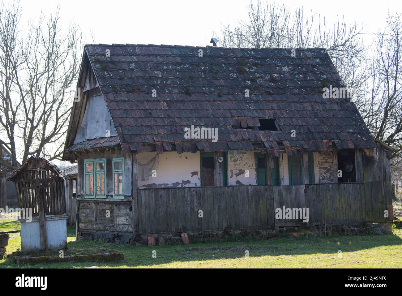 Sunja, Croatia, April 22,2022: Abandoned traditional old wooden house ...
