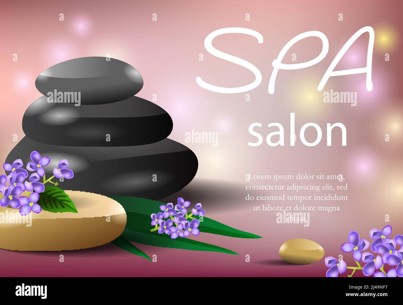 Spa salon lettering with stone stack and lilac twigs. Realistic spa ...