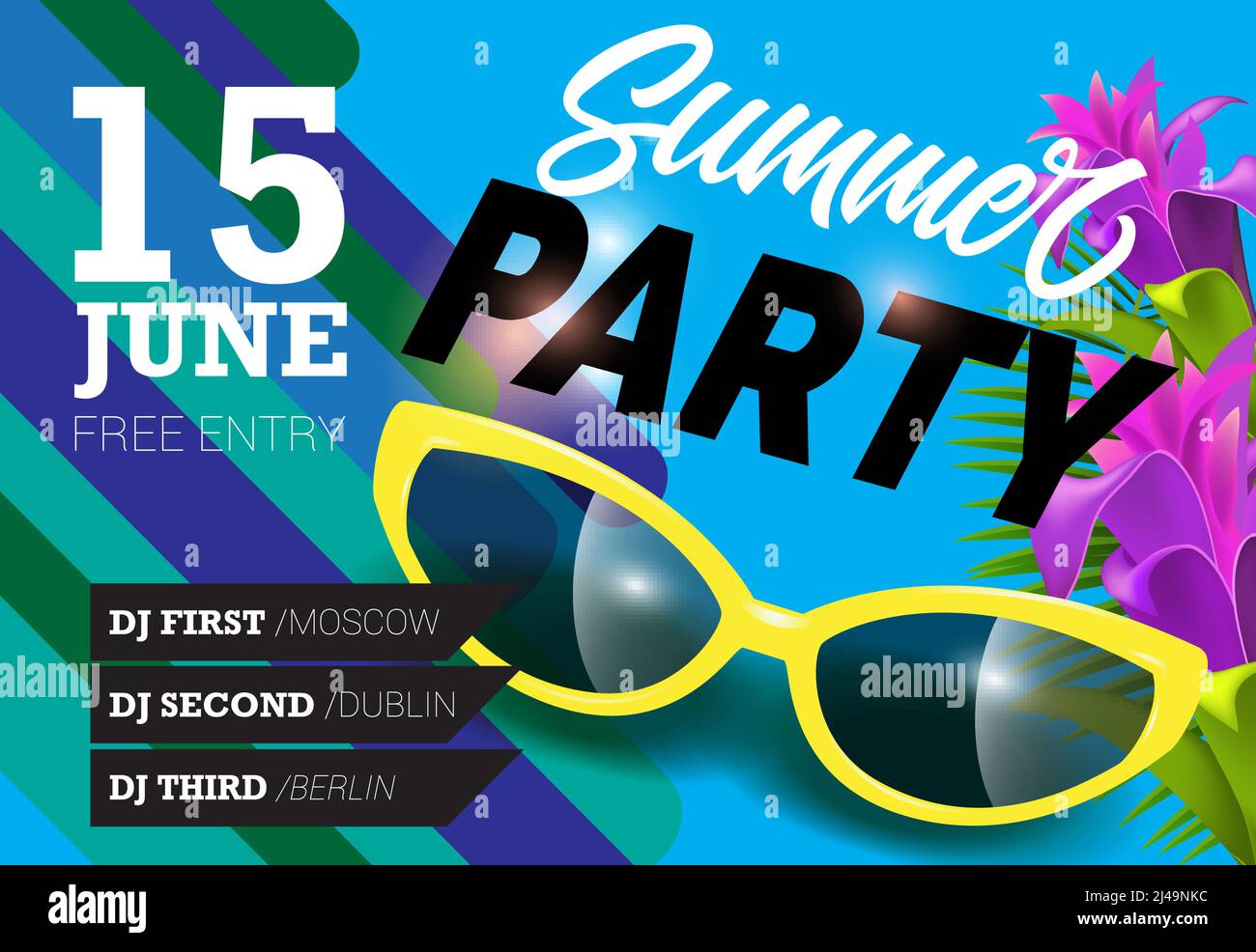 Summer party, June fifteen lettering with yellow sunglasses. Summer ...