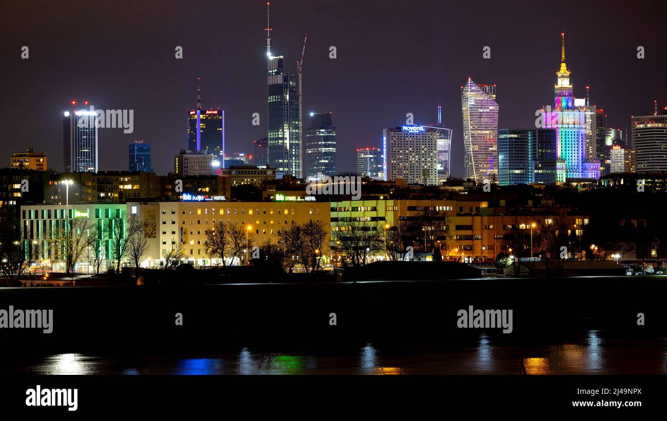Warsaw panorama at night with clear sky and skyscrapers. no people ...