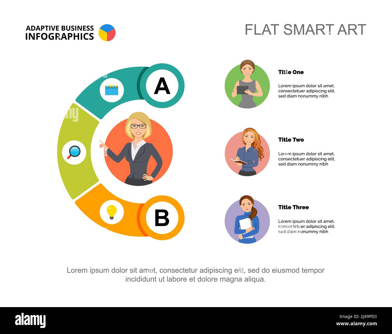 Three colleagues process chart template for presentation. Business data ...