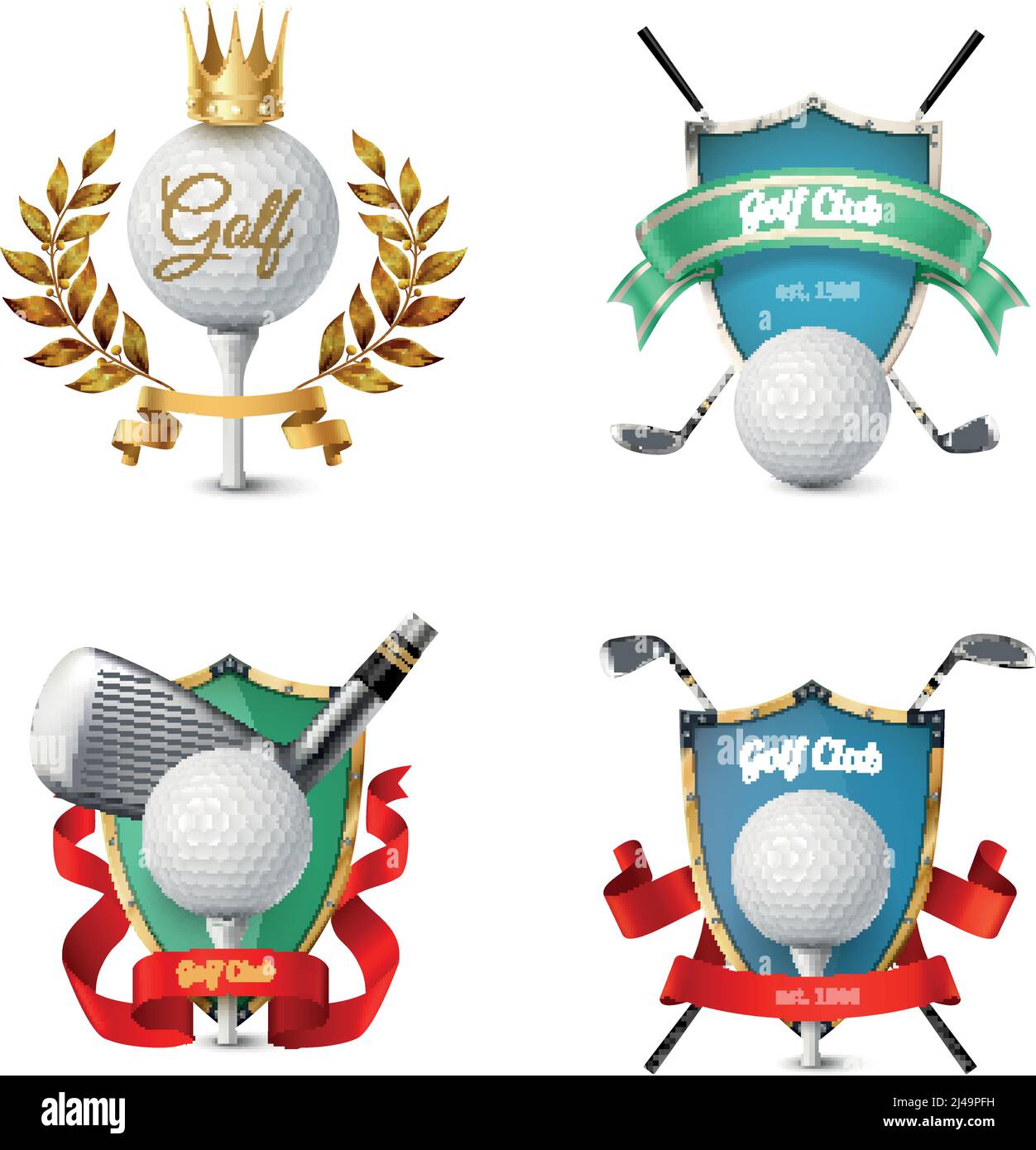 Beautiful colorful emblems of various golf clubs with balls shields ...