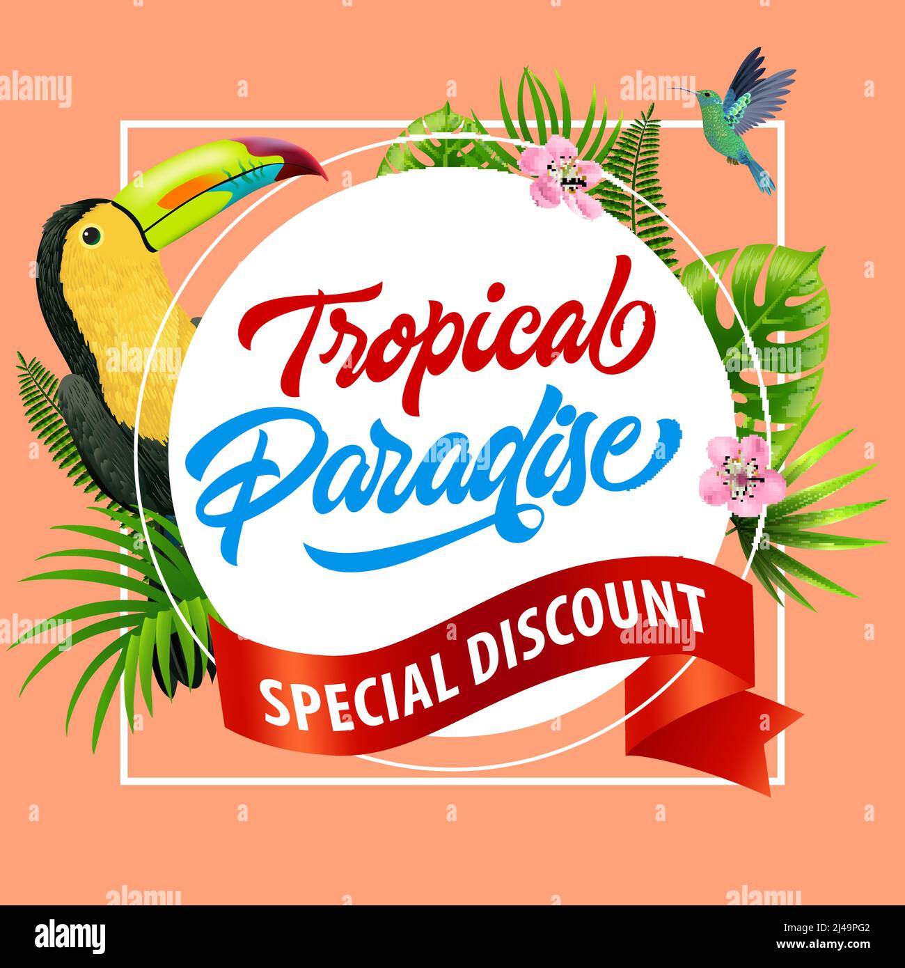 Tropical paradise, special discount flyer design with pink blossoms ...
