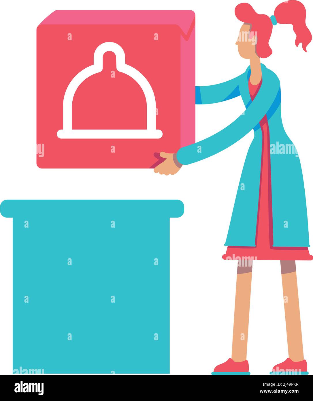 Female medical assistant with big red button semi flat color vector ...
