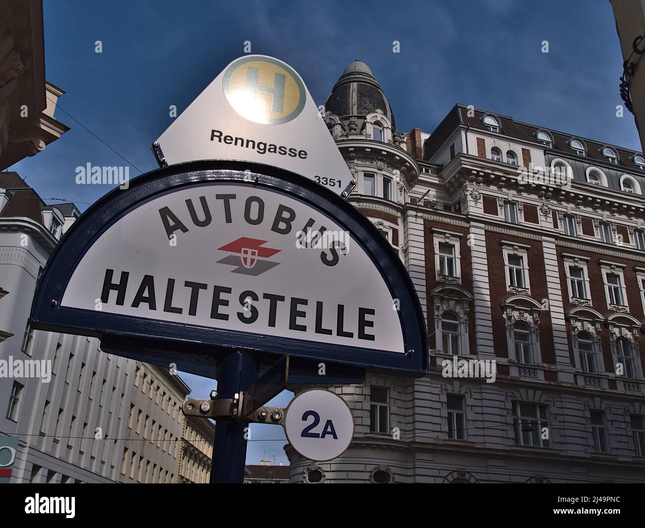 Close-up view of a sign at bus stop Renngasse in the historic center of ...