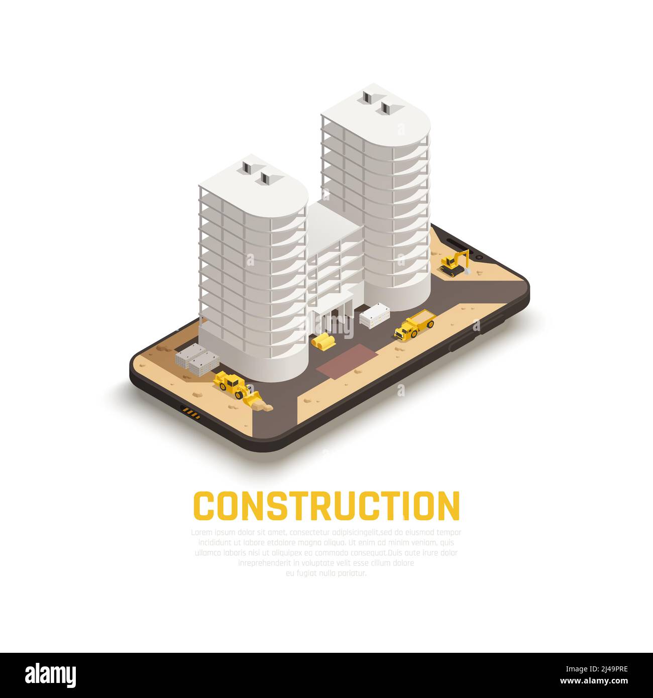 Colored isolated and isometric construction composition with construction of building and ...