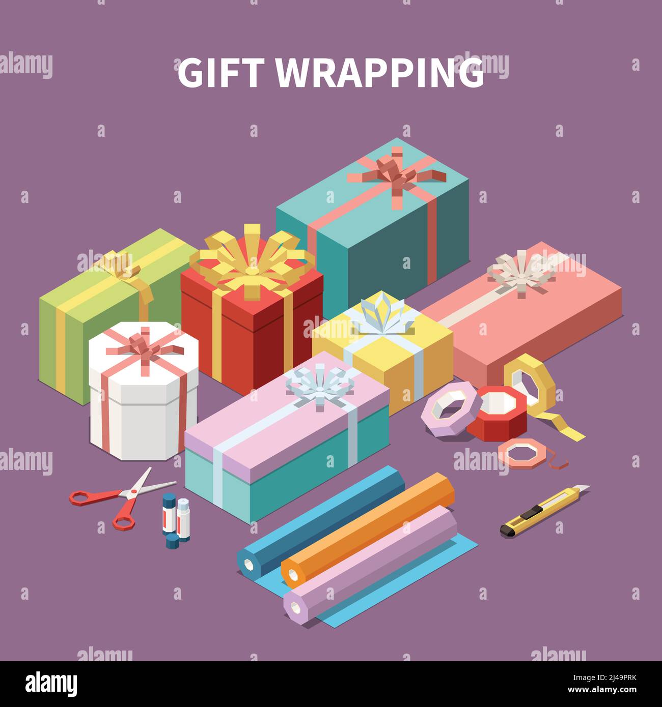 Colorful cardboard gift boxes and tools for wrapping isometric ...