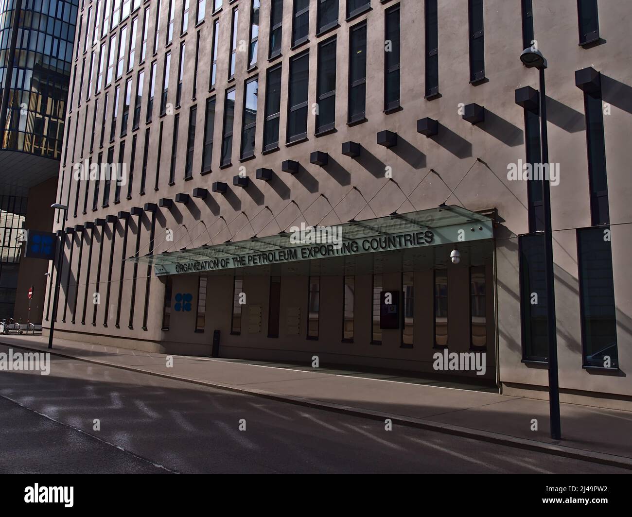 View of the building entrance of the headquarters of the Organization ...