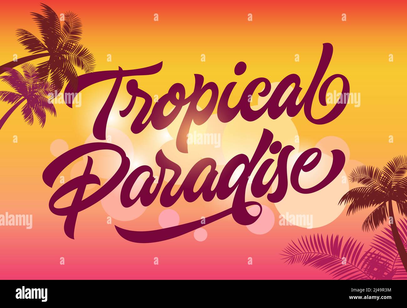Tropical paradise greeting card template with palm silhouettes and ...