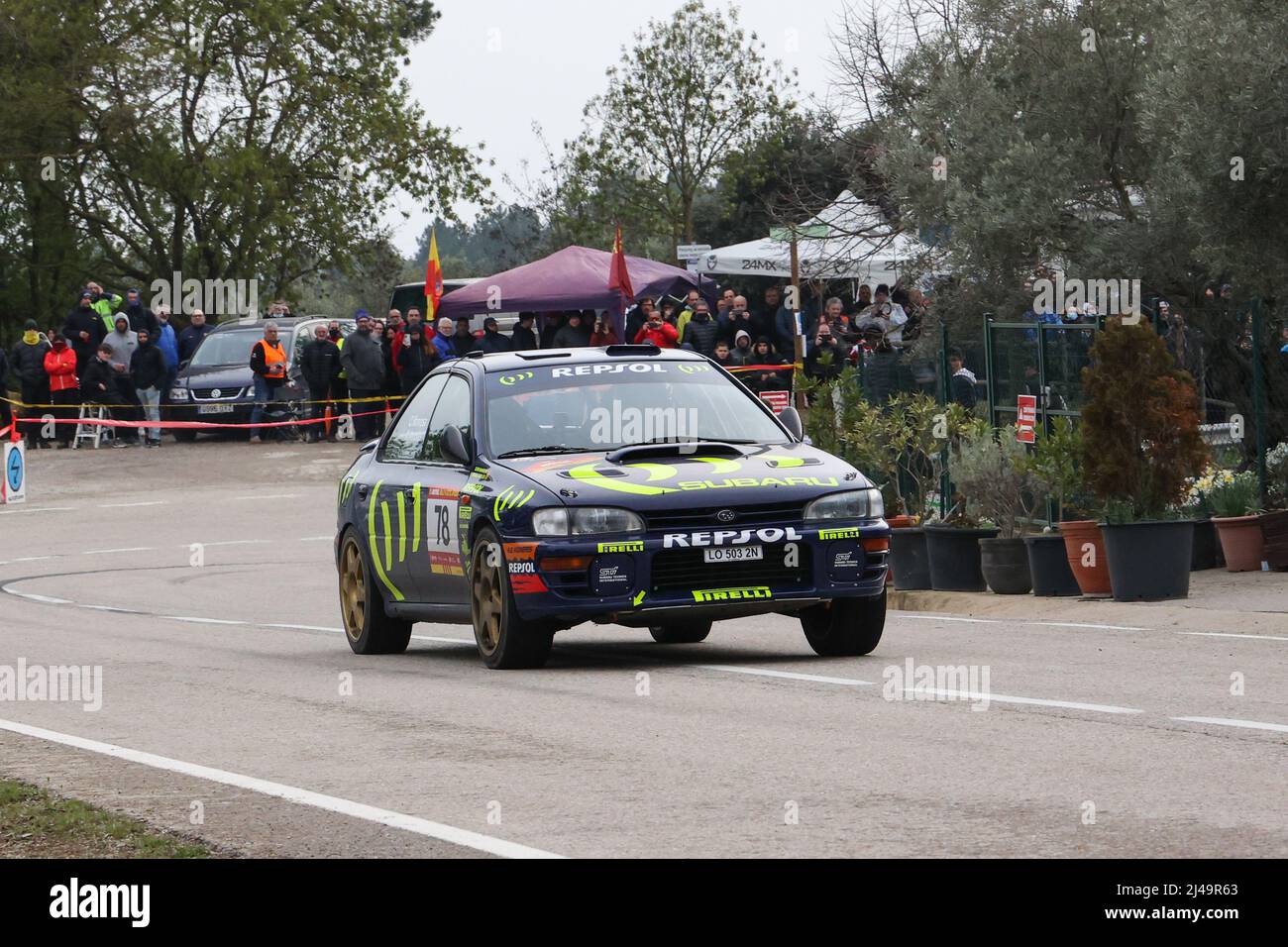 Historic Rally Costa Brava 2022 - Subaru Impreza GC8 car competing in timed road section in ...
