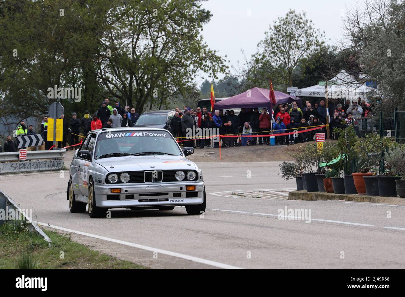 Historic Rally Costa Brava 2022 - BMW M3 car competing in timed road section in Girona, Spain ...