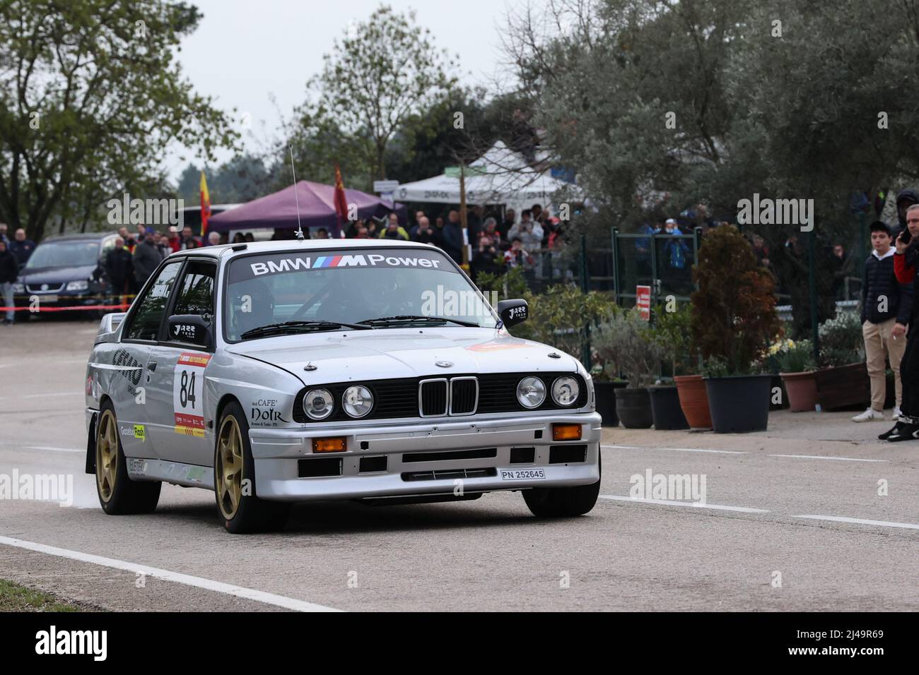 Historic Rally Costa Brava 2022 - BMW M3 car competing in timed road section in Girona, Spain ...