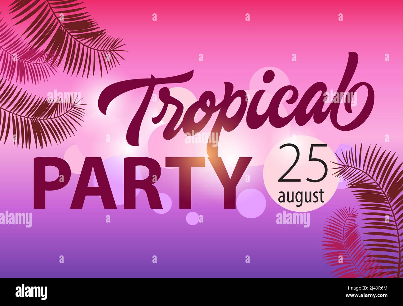 Tropical party, august twenty five invitation template with palm leaf ...