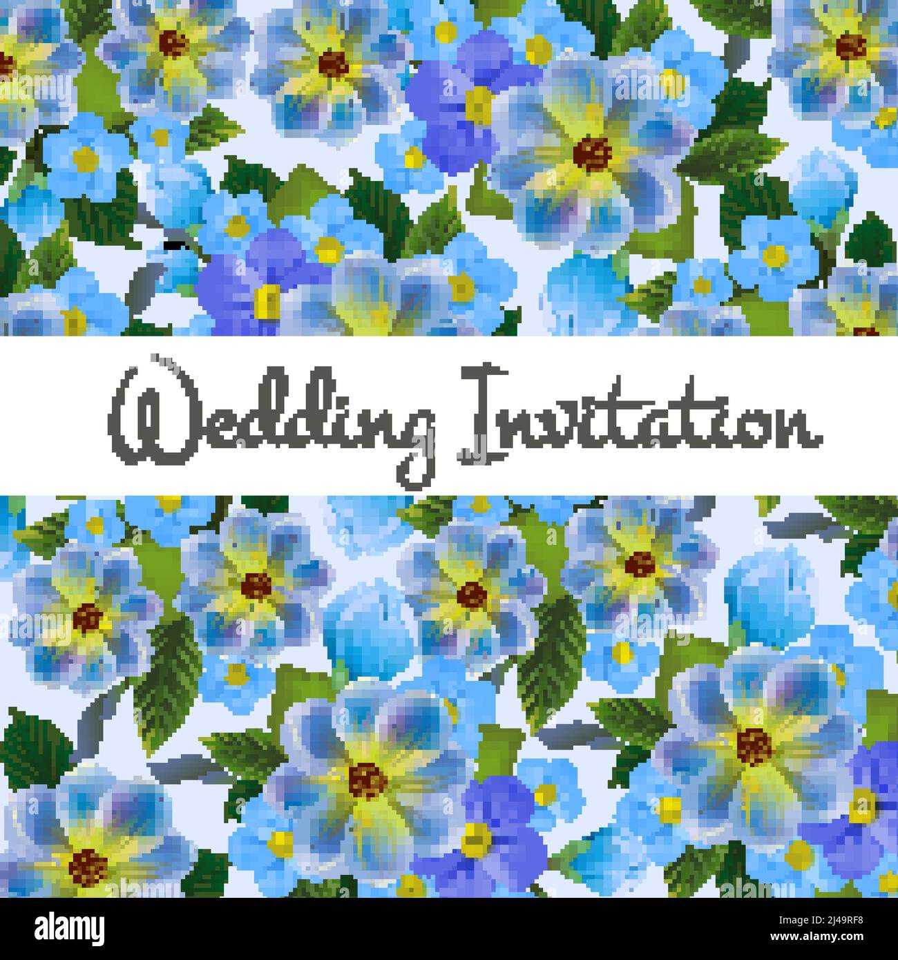 Wedding invitation card design with blue flowers in background. Text on ...