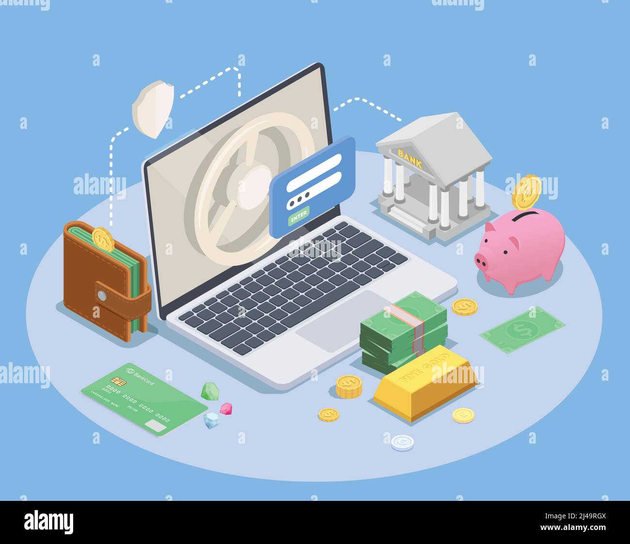Banking financial isometric composition with images of laptop computer ...