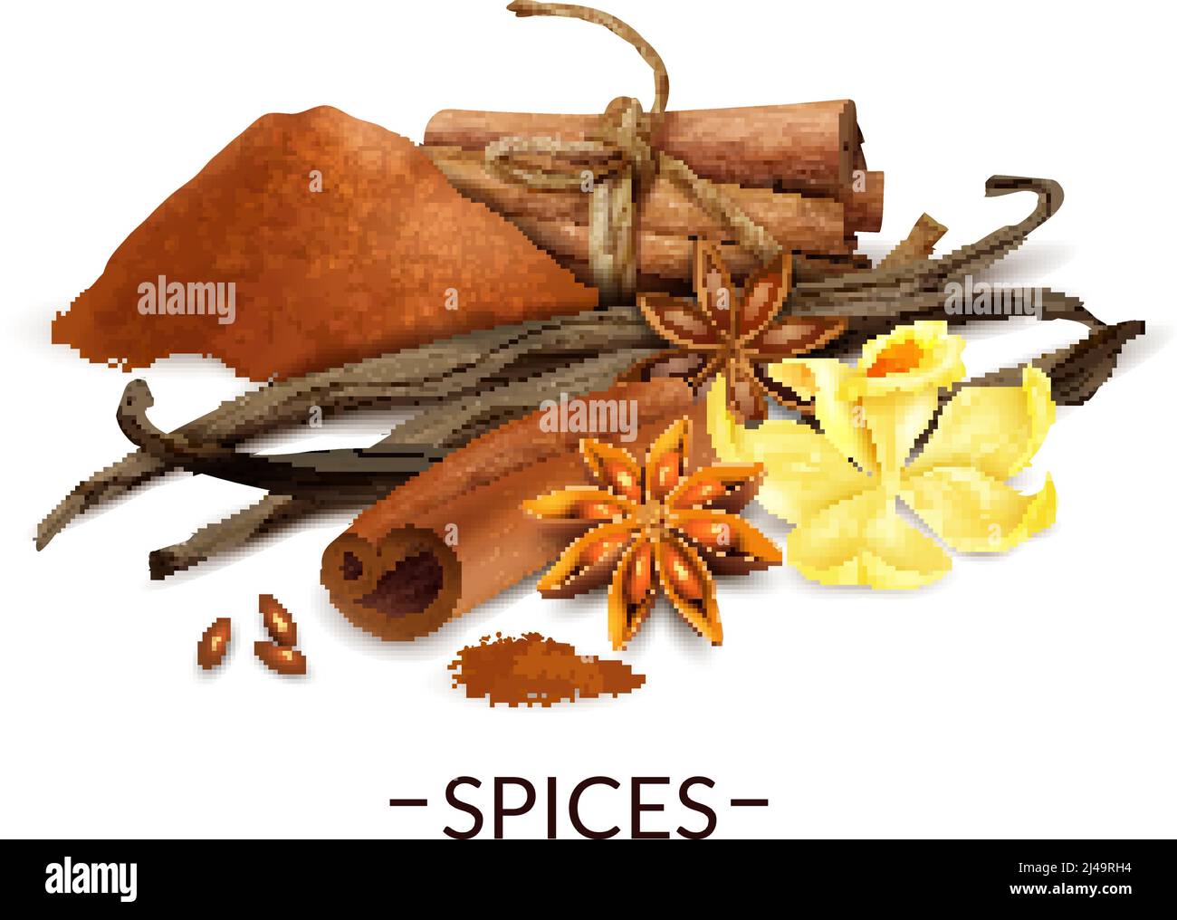 Spices realistic composition with vanilla flower and dried beans star ...