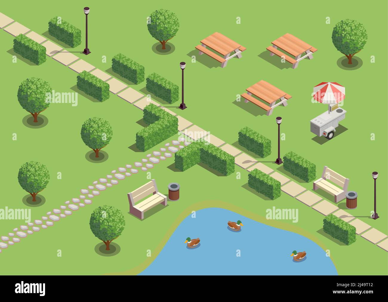 City park recreation area isometric compositions with path pond ducks ...