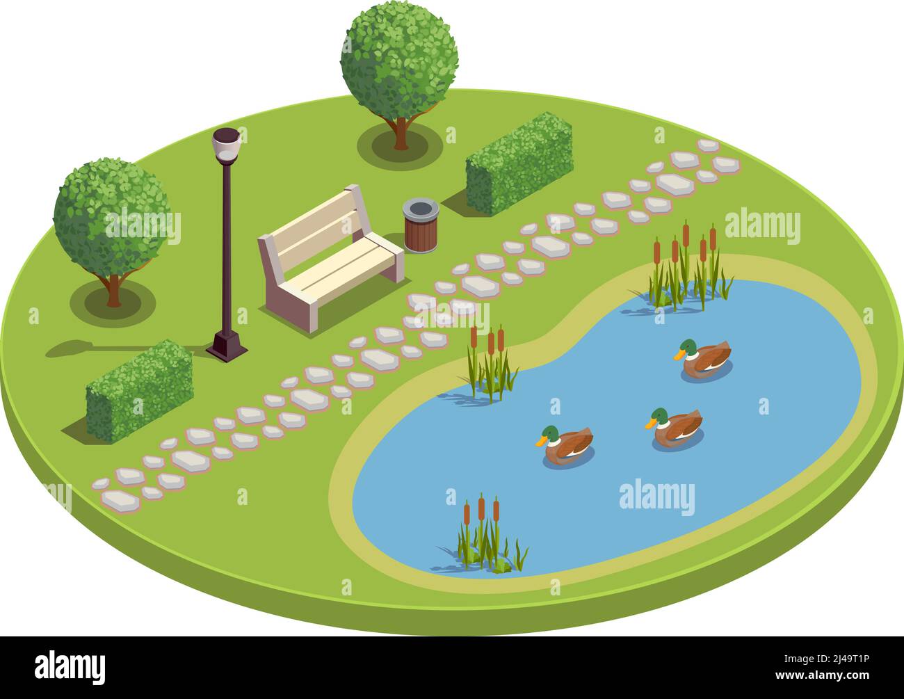 City park recreational area round isometric element with bench trees ...