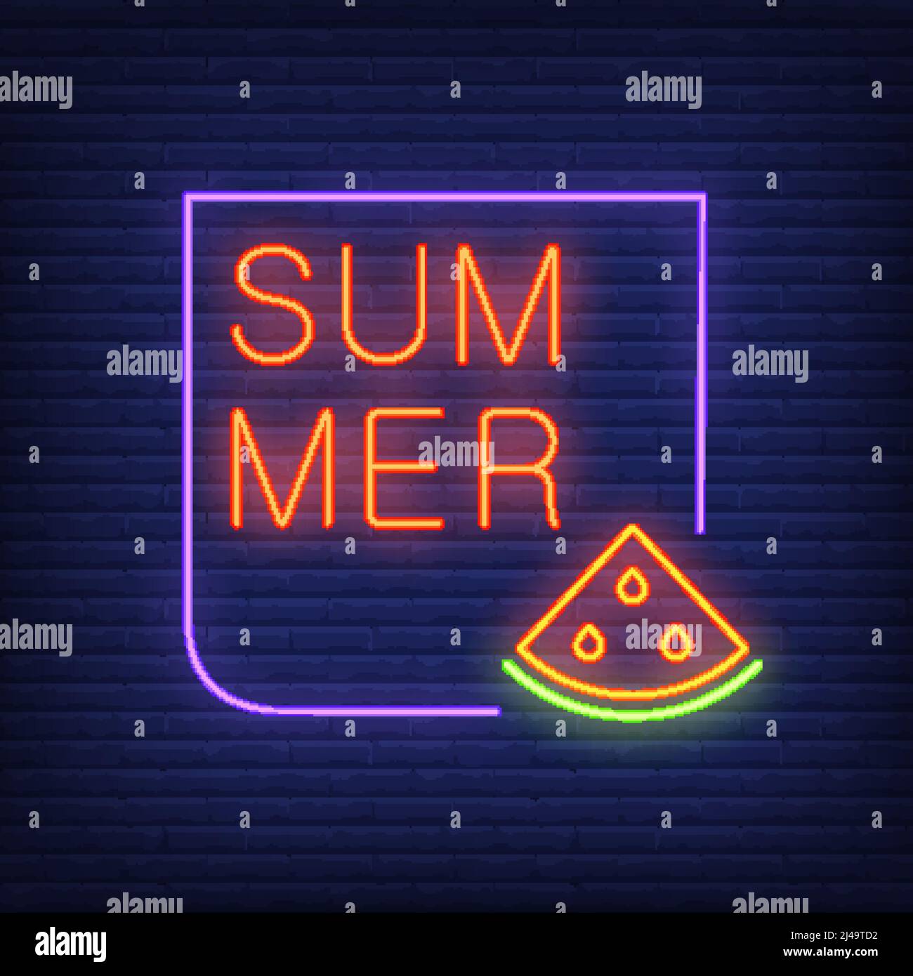 Summer neon text in frame with watermelon slice. Seasonal offer or sale ...