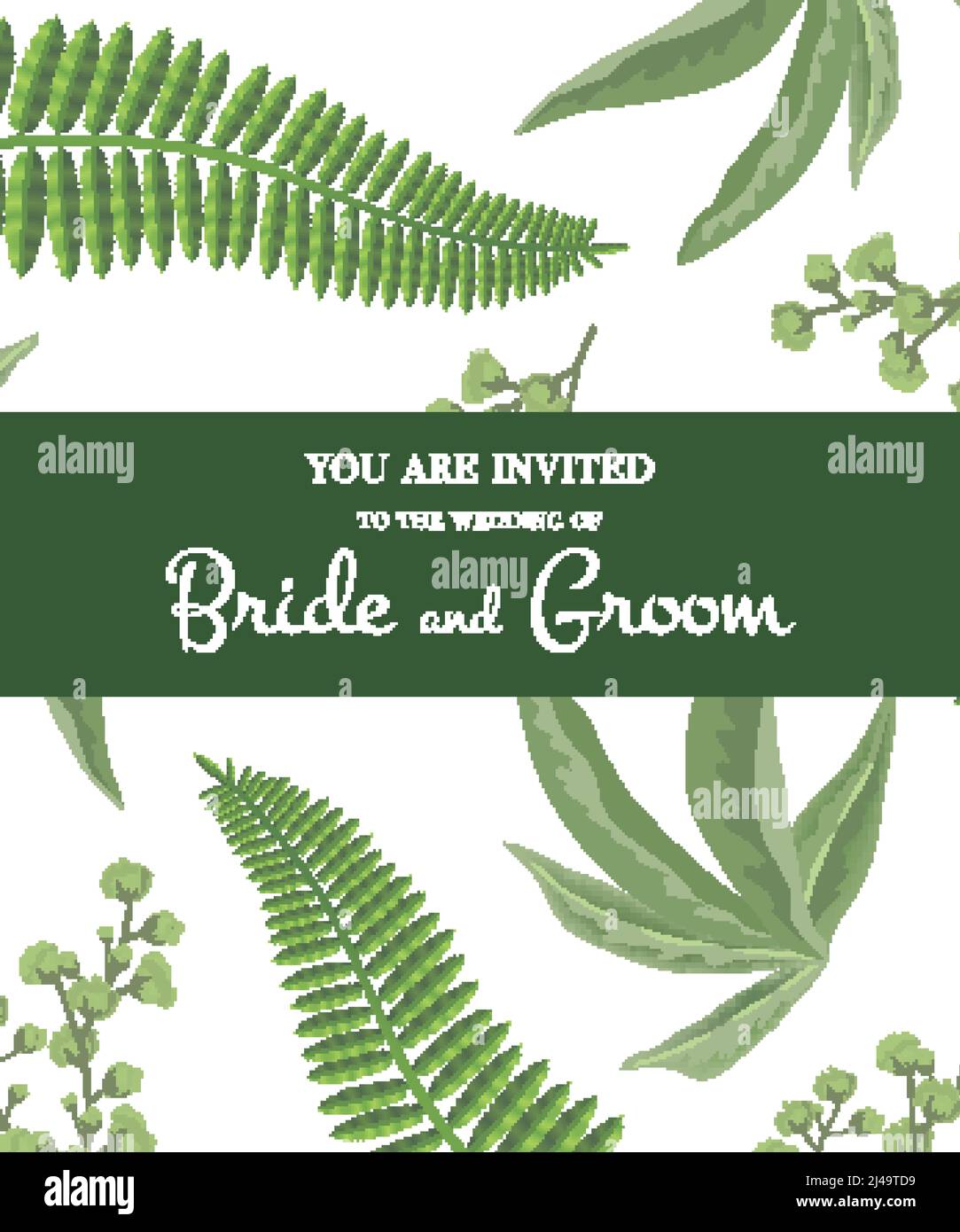 Wedding invitation. Lettering in green frame on greenery pattern. Party ...
