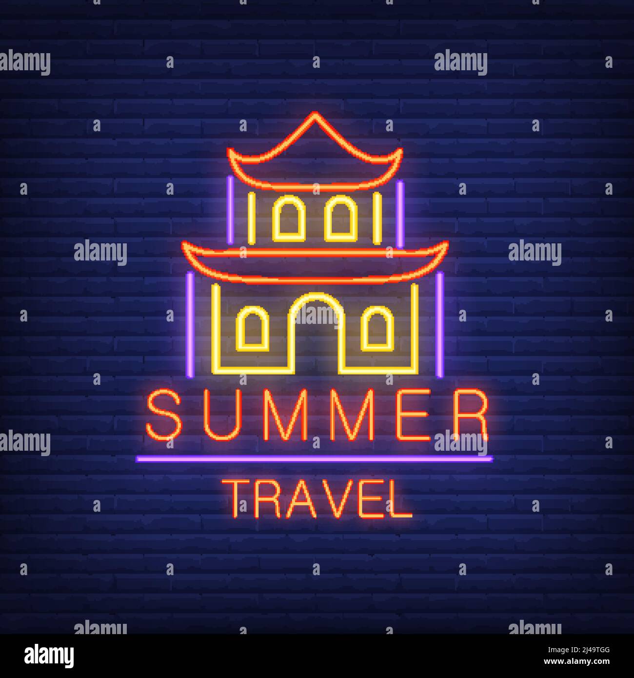 Summer travel neon text with Chinese house. Seasonal offer or sale ...