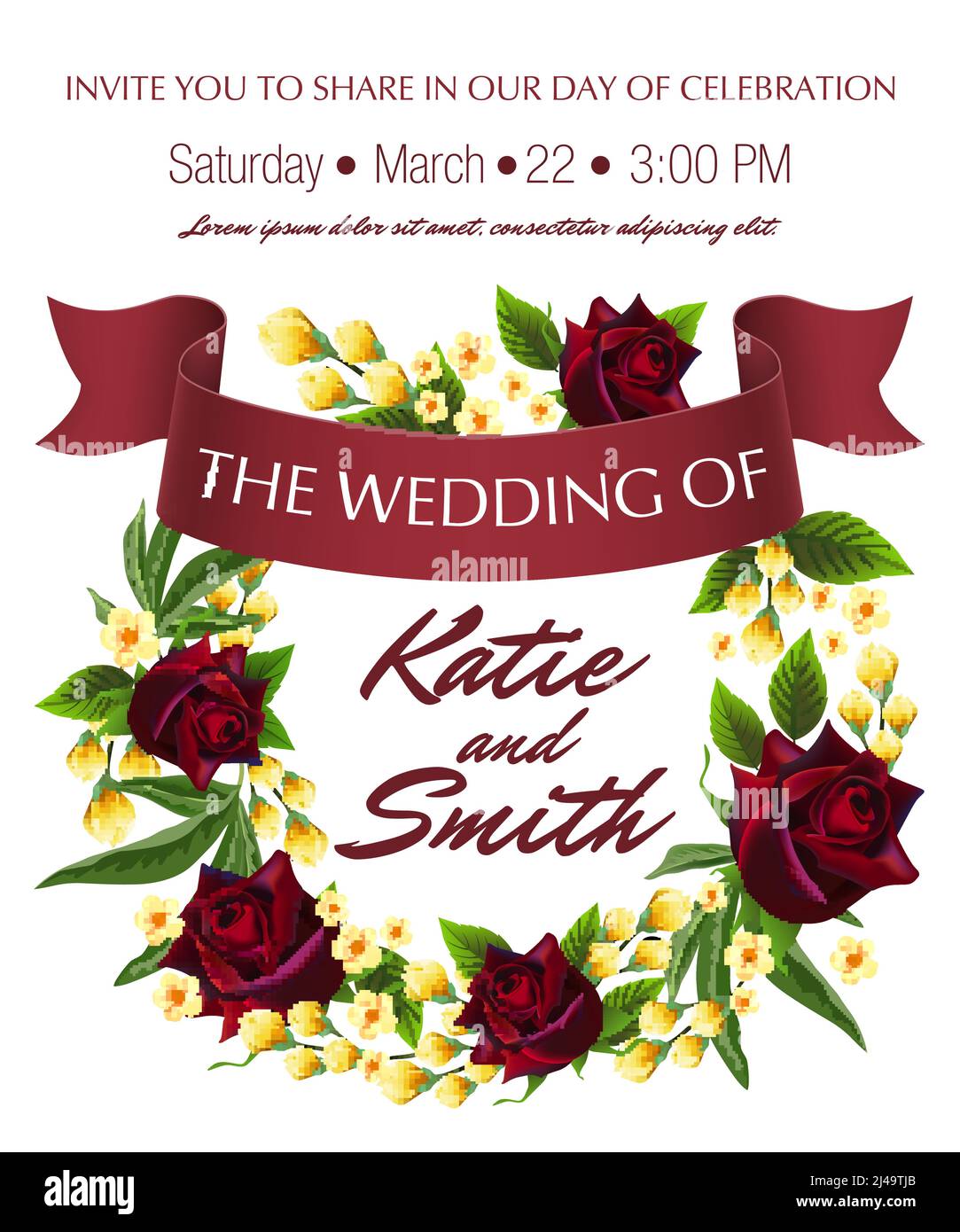 Wedding save the date design with roses, yellow floral wreath and ...