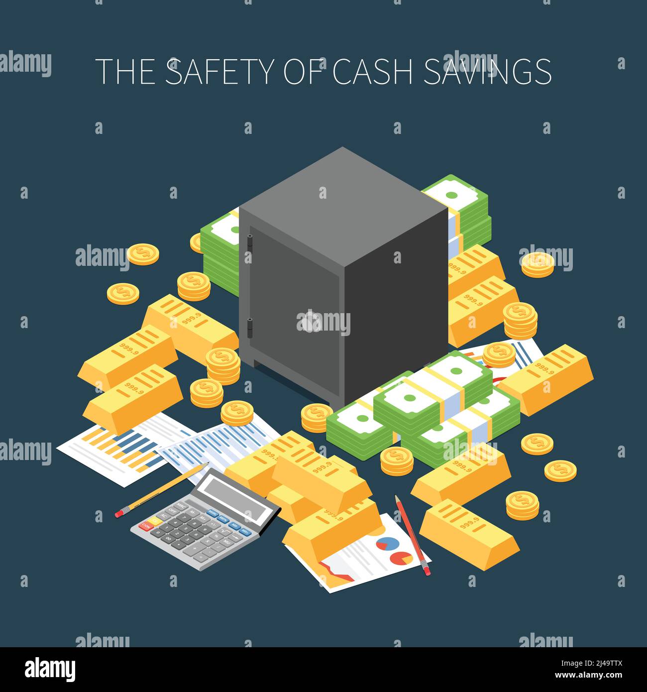 Wealth management safety of cash savings isometric composition on dark ...