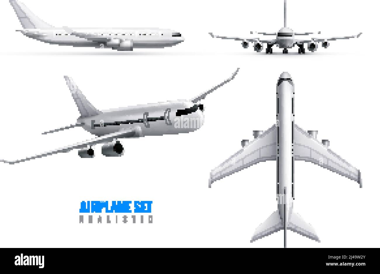 Civil aircraft realistic identity set of white airplane in top side and ...