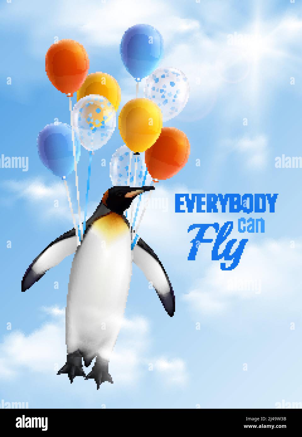 Colorful realistic poster with image of penguin flying by air balloons ...