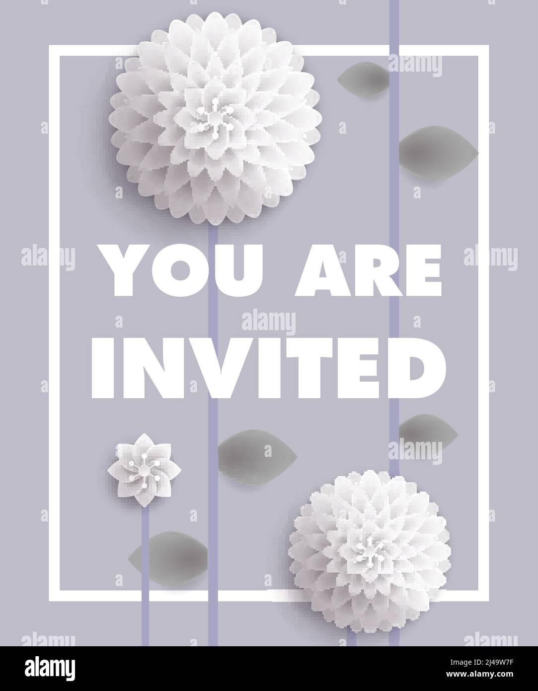You are invited lettering with white dandelions in frame on gray ...