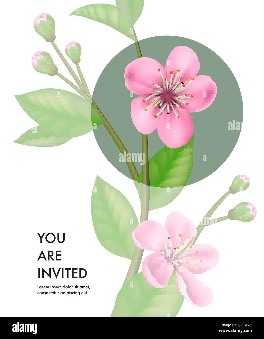 You are invited card template with transparent cherry flowers and green ...