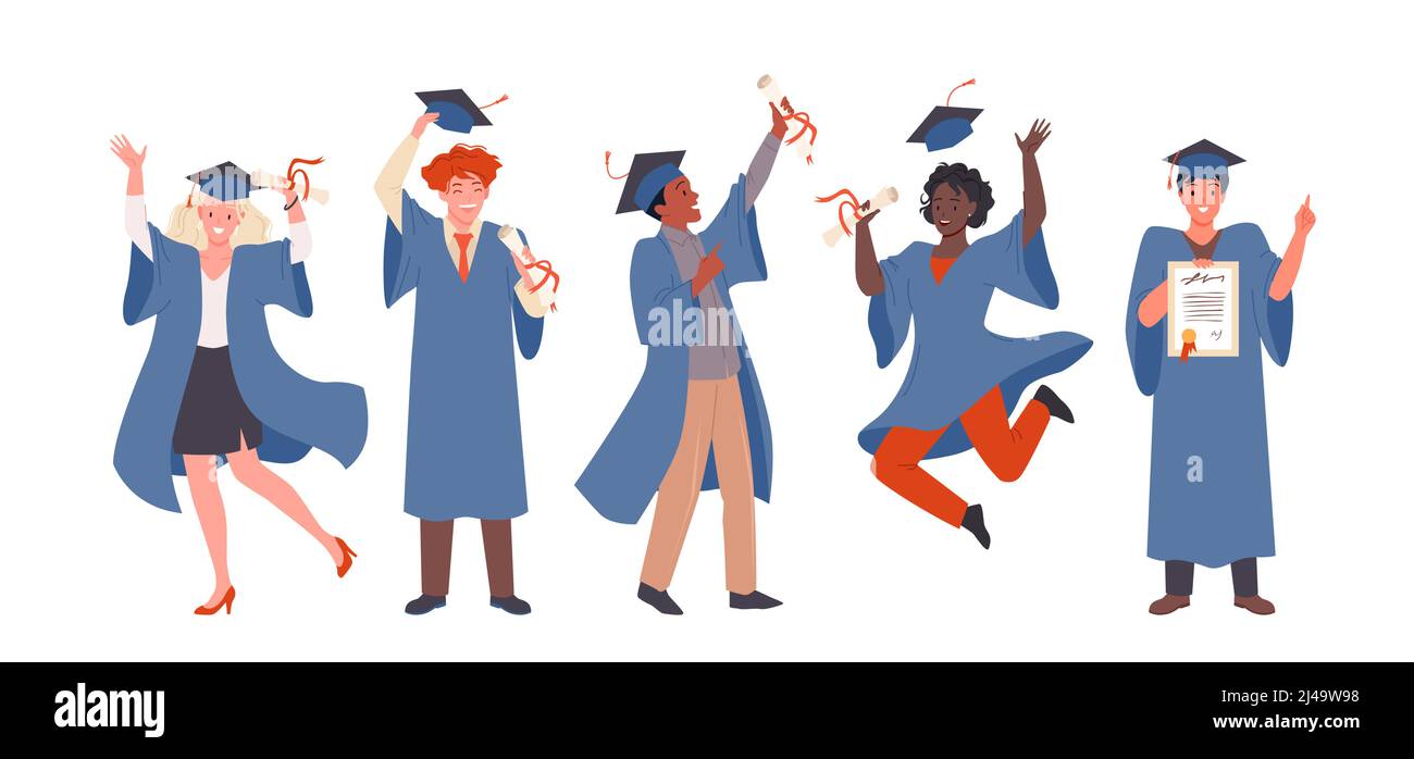 Happy graduates jump and dance together with joy, students in gown and ...